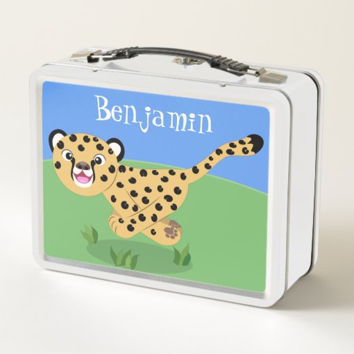 Cute baby cheetah running cartoon illustration metal lunch box | Zazzle