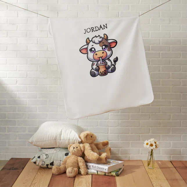 Cute Baby Cow Drinking Boba Kawaii Cartoon Baby Blanket | Zazzle