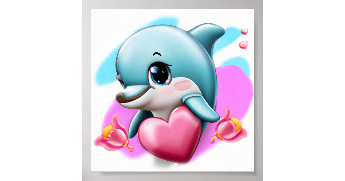 Cute Baby Dolphin with Valentine's Heart Poster | Zazzle
