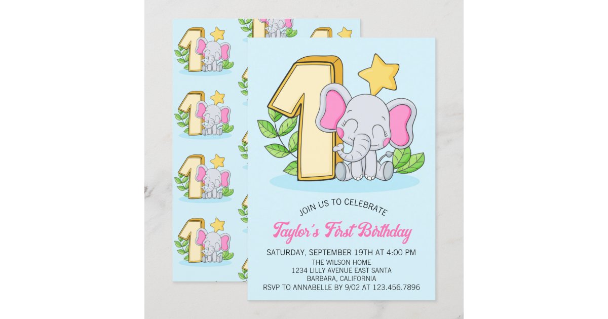 Cute Baby Elephant 1st Birthday Party Invitation | Zazzle