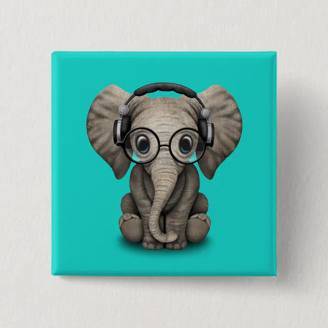 Cute Baby Elephant Dj Wearing Headphones and Glass Button | Zazzle