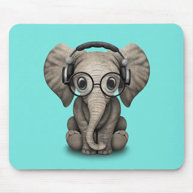Cute Baby Elephant Dj Wearing Headphones and Glass Mouse Pad | Zazzle