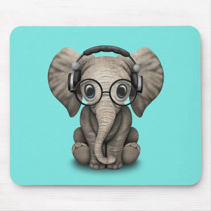 Cute Baby Elephant Dj Wearing Headphones and Glass Mouse Pad | Zazzle