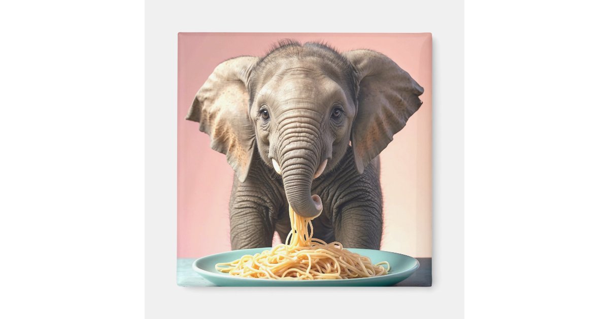 Cute Baby Elephant Eating Spaghetti Magnet | Zazzle
