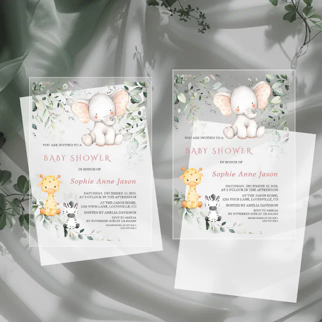Cute Baby Elephant Friends Safari Girl Baby Shower Acrylic Invitations ...