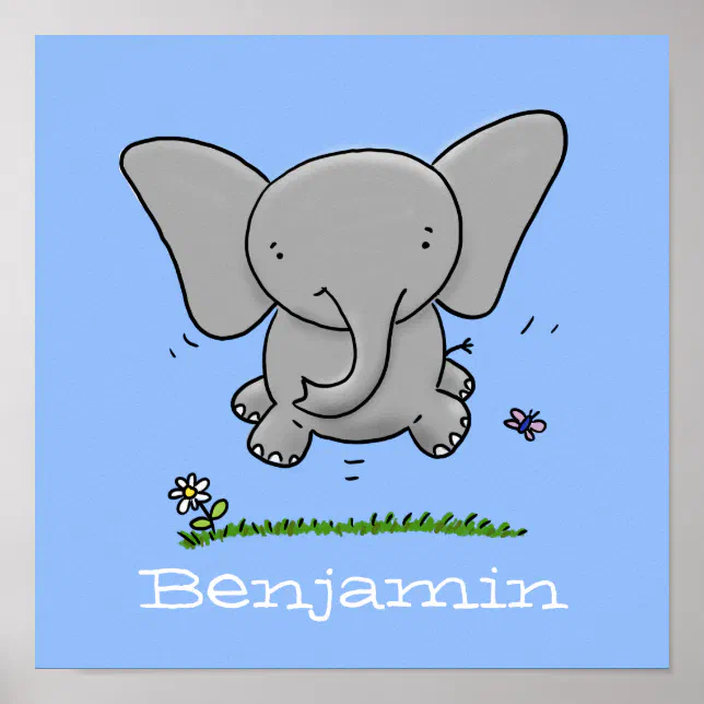 Cute baby elephant jumping cartoon illustration poster | Zazzle
