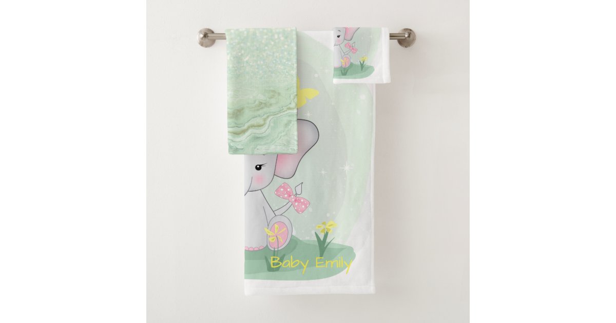 Cute baby elephant with a pink bow in a clearing Bath Towel Set | Zazzle