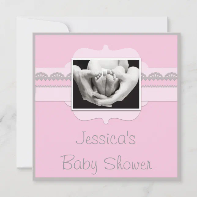 Cute Baby Feet Pink Baby Shower Add Your Photo Invitation | Zazzle