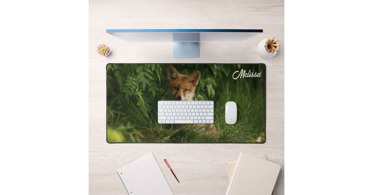 Cute Baby Fox in a Green Forest Desk Mat | Zazzle