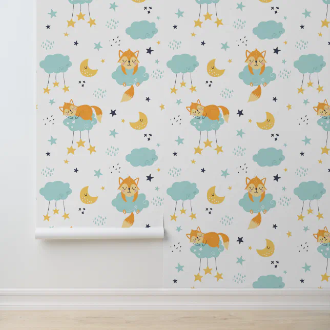 Cute Baby Fox Moon Stars Kids Pattern Wallpaper | Zazzle