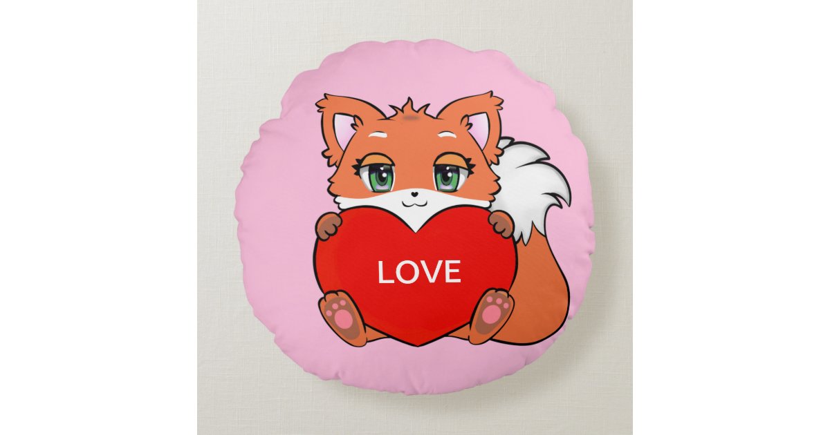 Cute Baby Fox with Heart on Pink Round Pillow | Zazzle