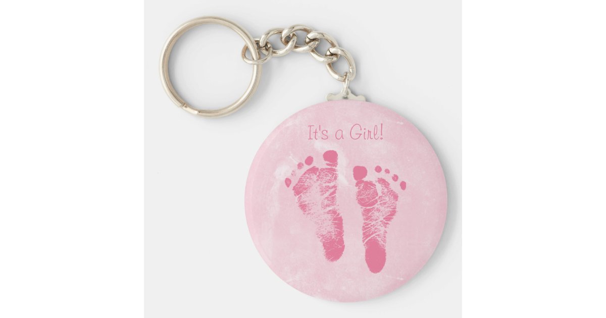 Cute Baby Girl Footprints Birth Announcement Keychain | Zazzle.com
