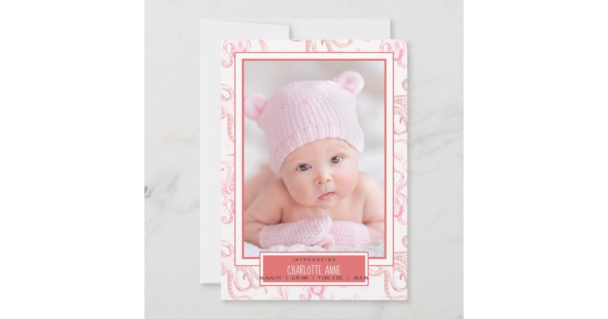 Cute Baby Girl Octopus Sea Life Birth Announcement | Zazzle