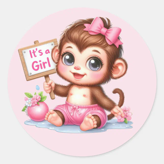 Cute baby girl penguin monkey classic round sticker | Zazzle