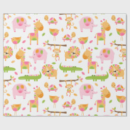 Cute Baby Girl Pink Jungle Animal Wrapping Paper | Zazzle