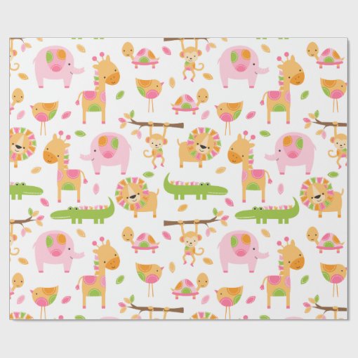 Cute Baby Girl Pink Jungle Animal Wrapping Paper | Zazzle