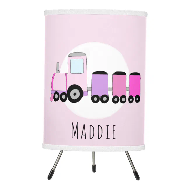 Cute Baby Girl Pink Locomotive Train with Name Tripod Lamp | Zazzle