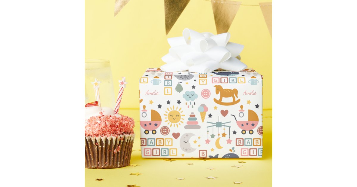 Cute Baby Girl Pink Pattern with Name Baby Shower Wrapping Paper | Zazzle