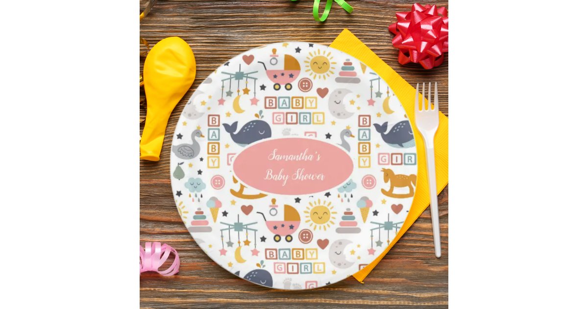 Cute Baby Girl Pink Toy Pattern Baby Shower Paper Plates | Zazzle