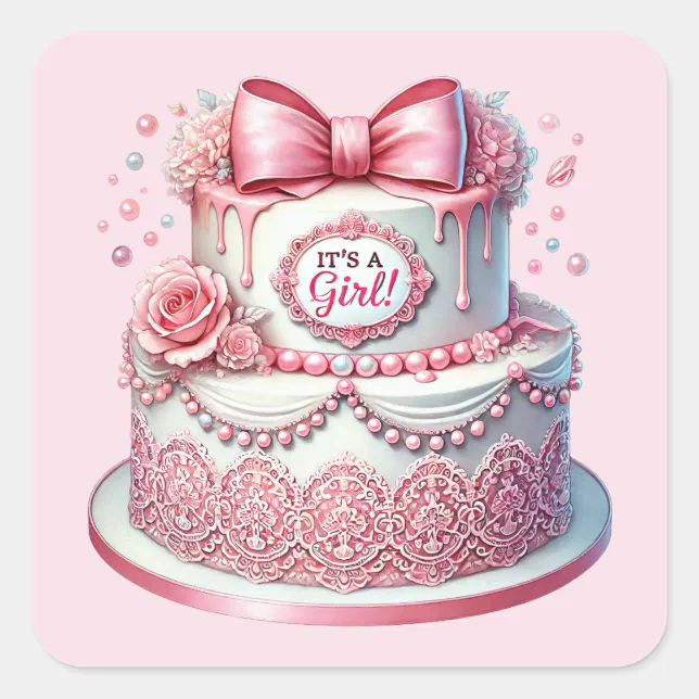 Cute baby girl shower cake square sticker | Zazzle