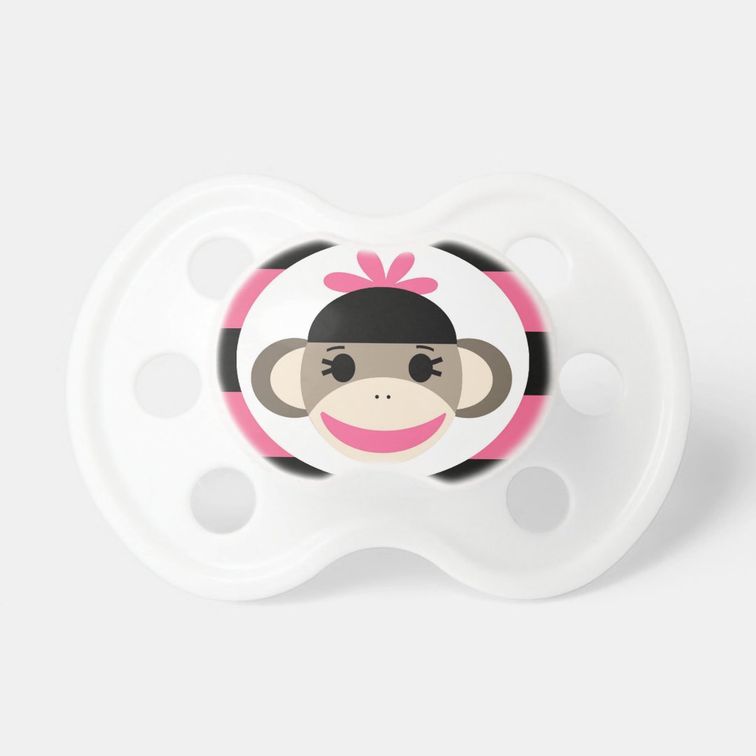 Cute Baby Girl Sock Monkey Black Pink Stripes Pacifier | Zazzle