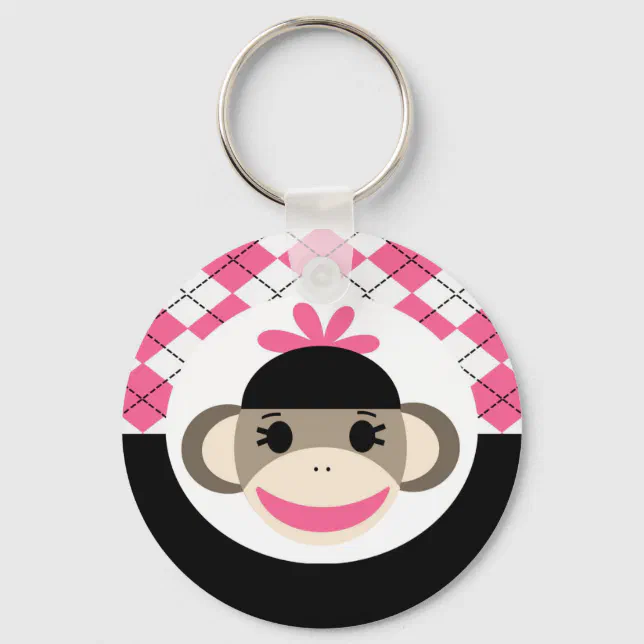 Cute Baby Girl Sock Monkey Pink Black Argyle Keychain | Zazzle