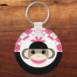 Cute Baby Girl Sock Monkey Pink Black Argyle Keychain | Zazzle