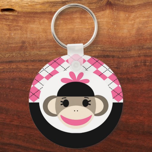 Cute Baby Girl Sock Monkey Pink Black Argyle Keychain | Zazzle