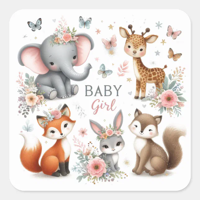 Cute Baby Girl Woodland Animals with Flowers Square Sticker | Zazzle