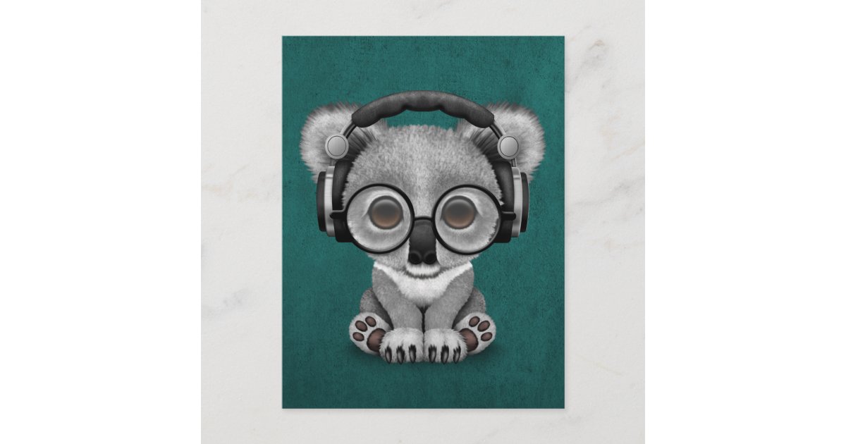 Cute Baby Koala Bear Dj Wearing Headphones on Blue Postcard | Zazzle