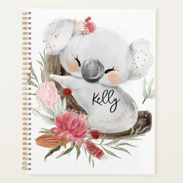 Cute Baby Koala Gold Speckle Custom Name Planner | Zazzle