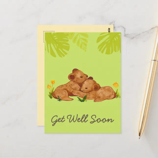 Cute Baby Lion and Encouragement Get Well Green Postcard | Zazzle