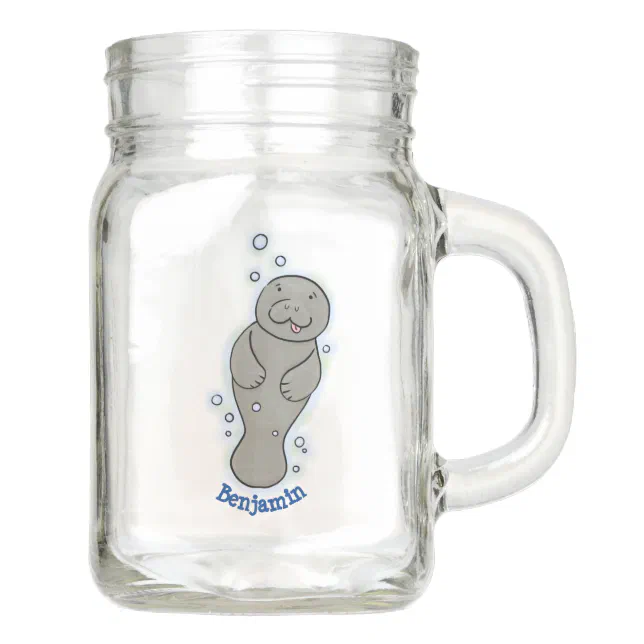 Cute baby manatee with bubbles illustration mason jar | Zazzle