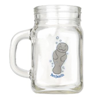 Cute baby manatee with bubbles illustration mason jar | Zazzle