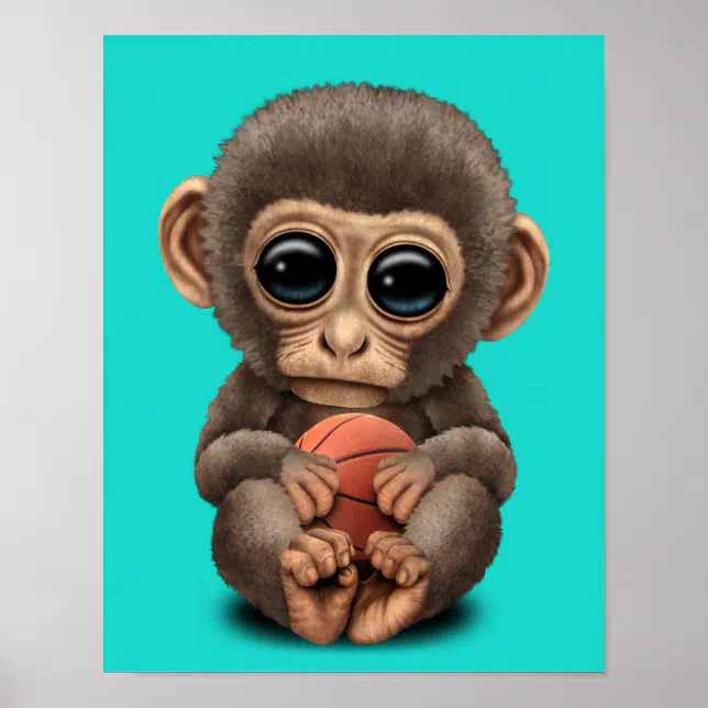 Cute Baby Monkey Playing With Basketball Poster | Zazzle
