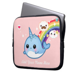 Cute baby narwhal with rainbow and clouds on pink laptop sleeve | Zazzle