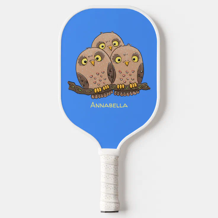 Cute baby owl trio cartoon illustration pickleball paddle | Zazzle