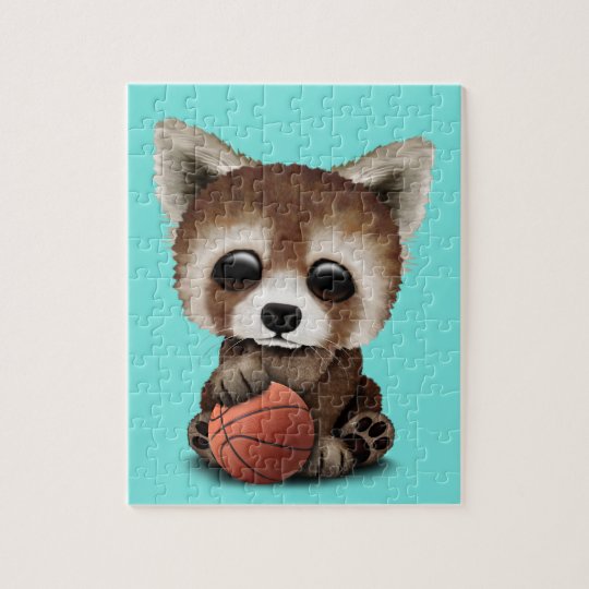 Cute Baby Red Panda Playing With Basketball Jigsaw Puzzle | Zazzle.com
