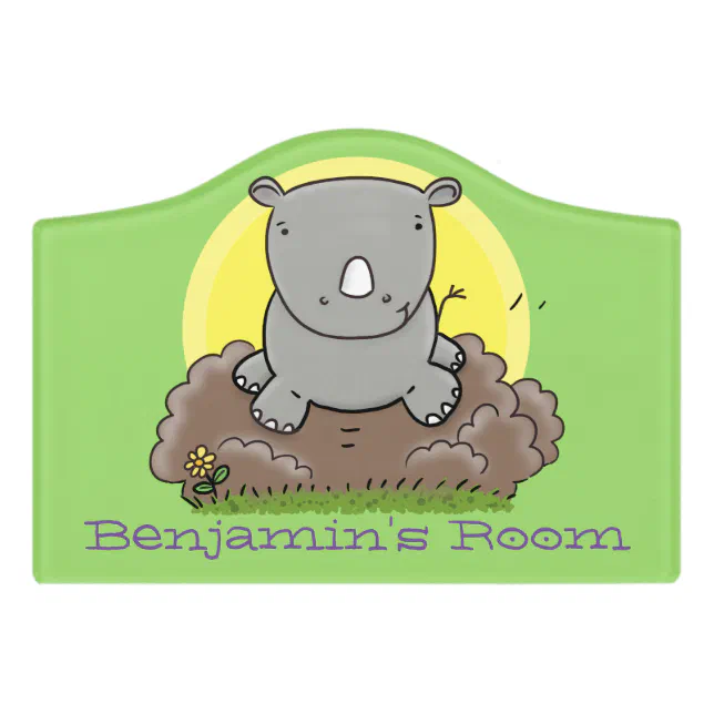 Cute baby rhino green cartoon illustration door sign | Zazzle