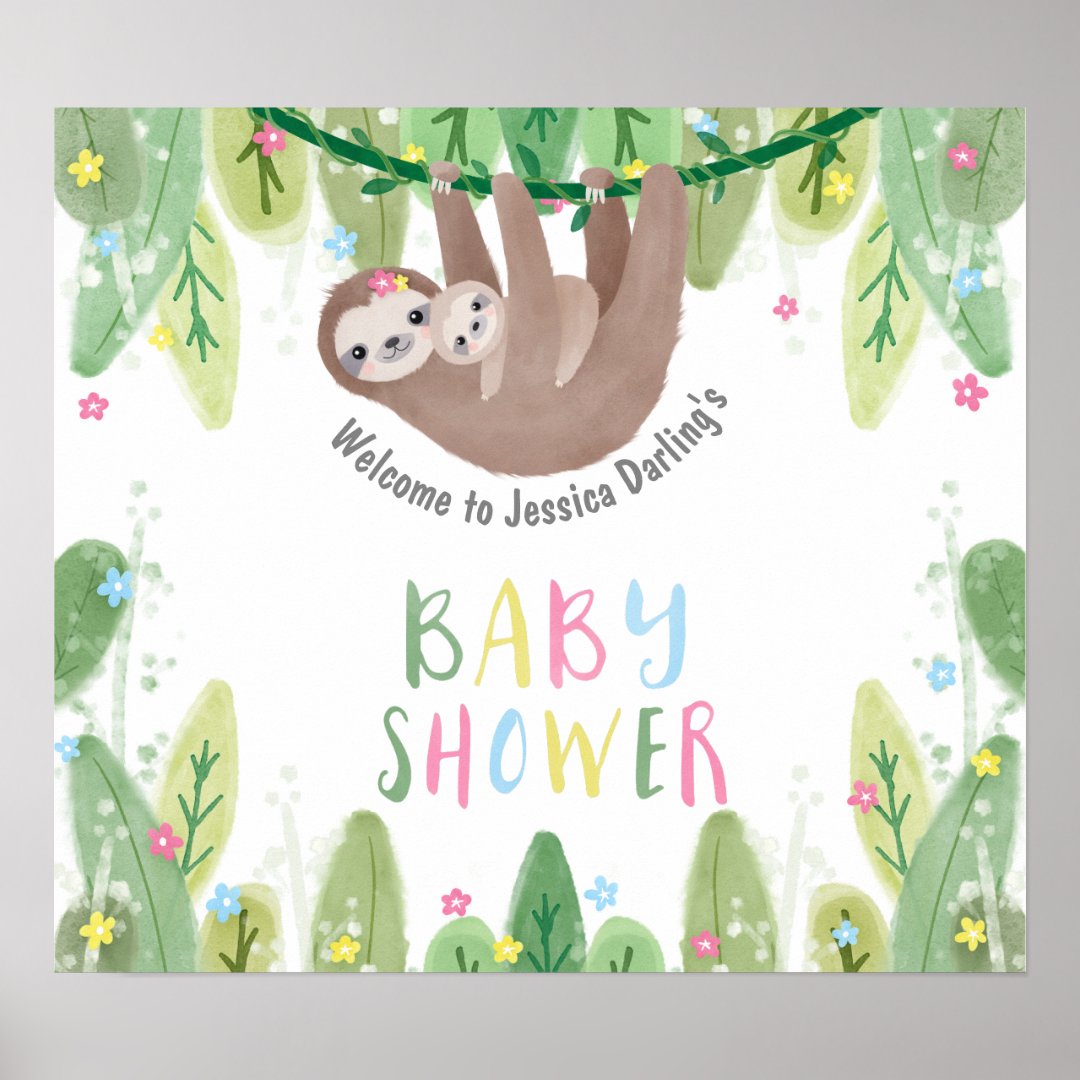 Cute baby shower welcome sloth with mom and baby poster | Zazzle