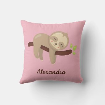 Cute Baby Sloth on Pink Nursery Throw Pillow | Zazzle