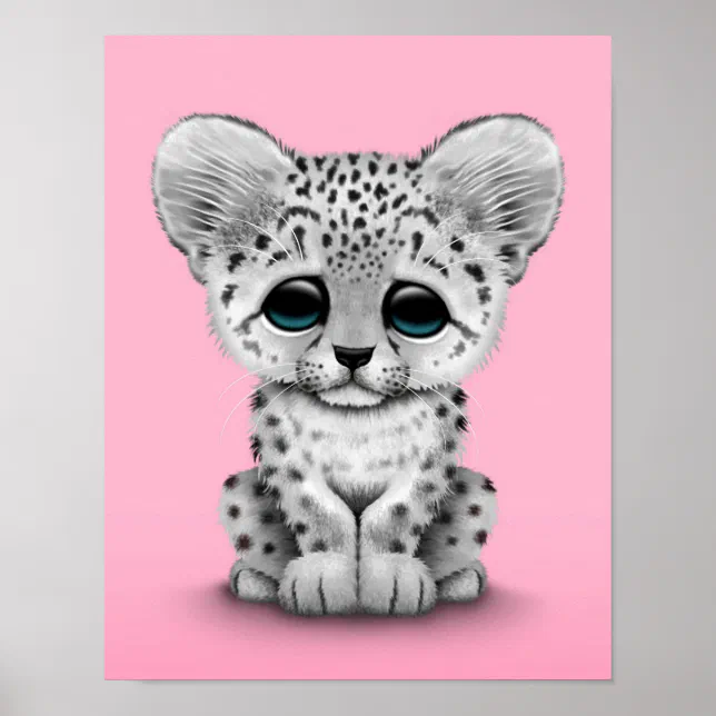 Cute Baby Snow Leopard Cub on Pink Poster | Zazzle