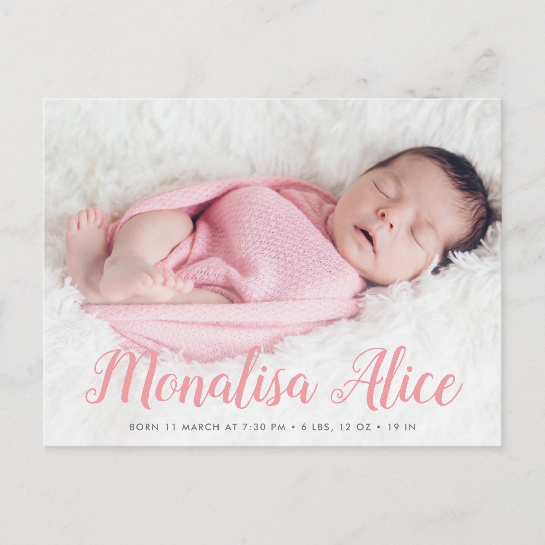 cute baby stylish script birth announcement photo postcard | Zazzle