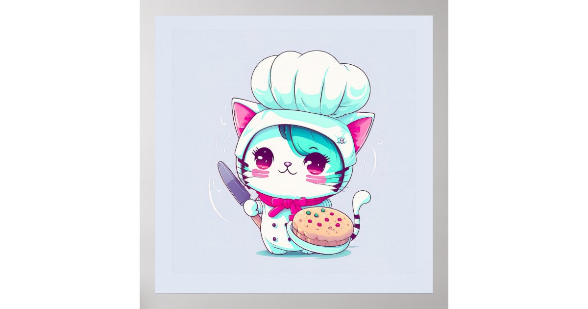 Cute Baker Pastry Chef Cat with Cake and Knife | Poster | Zazzle