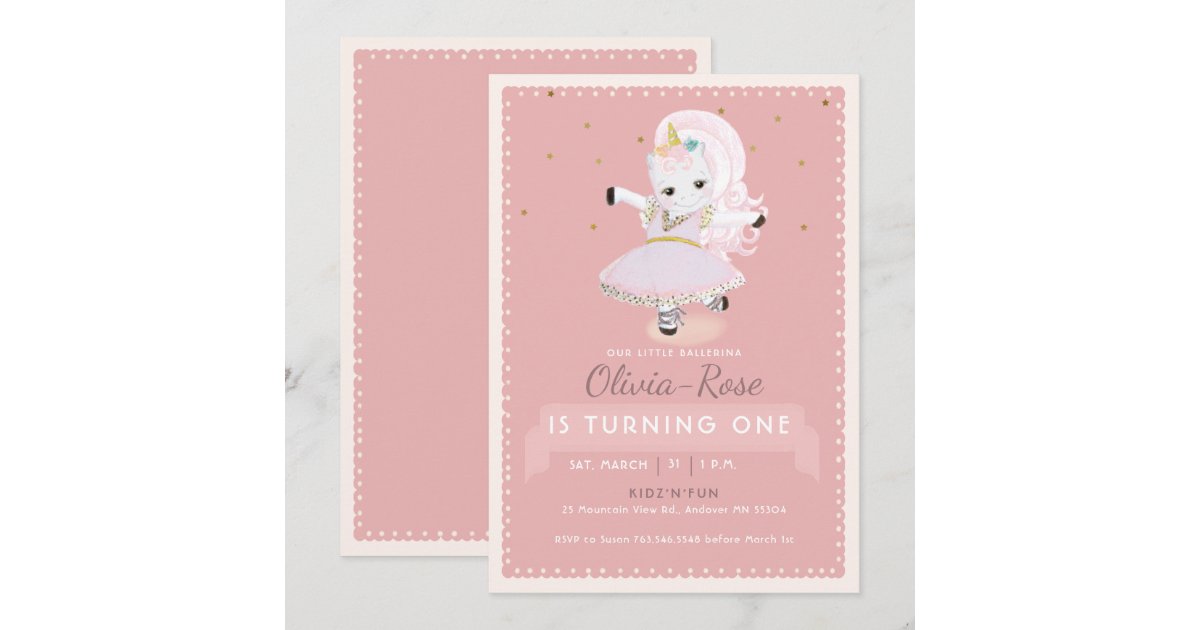 Cute Ballerina Unicorn Dusty Pink Girl Birthday Invitation | Zazzle