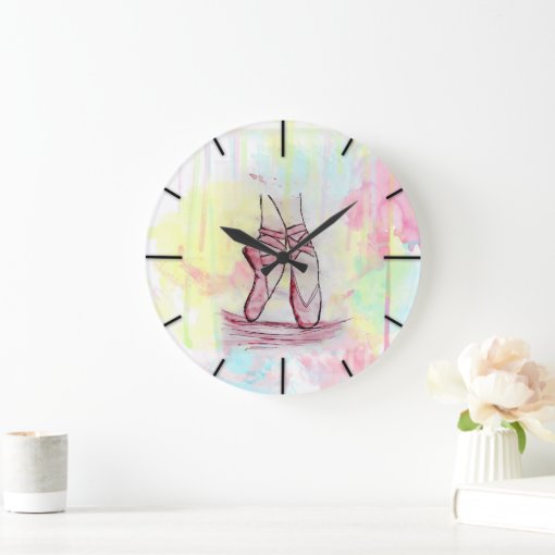 Cute Ballet shoes sketch Watercolor hand drawn Large Clock | Zazzle