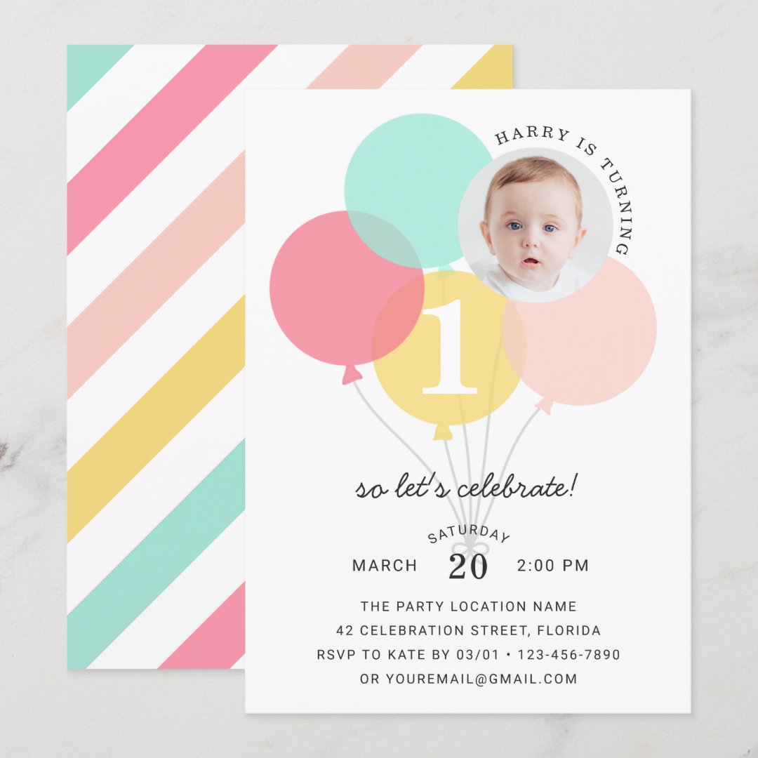 Cute Balloons Modern First 1st Photo Birthday Invitation | Zazzle