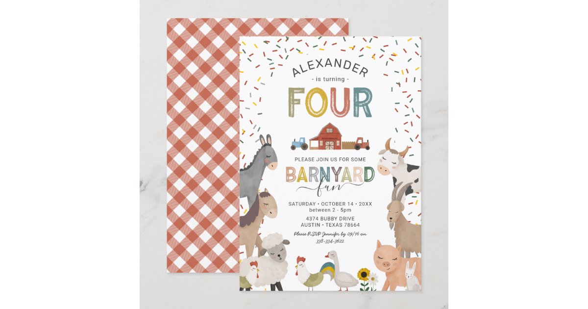 Cute Barnyard Farm 4th Birthday Invitation | Zazzle