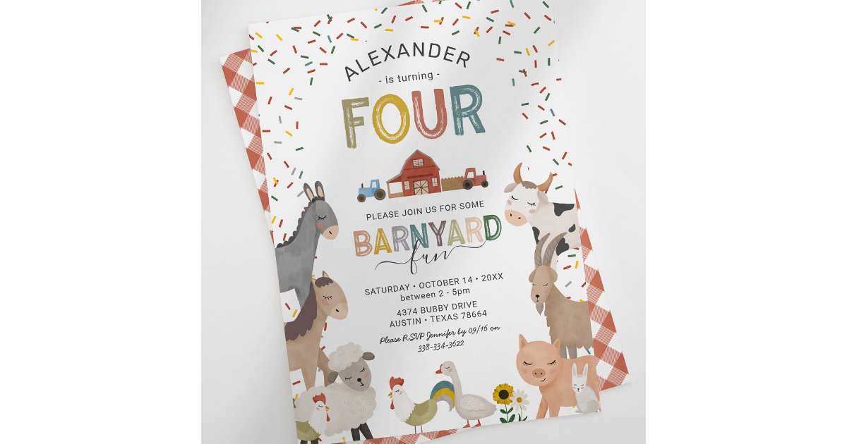 Cute Barnyard Farm 4th Birthday Invitation | Zazzle