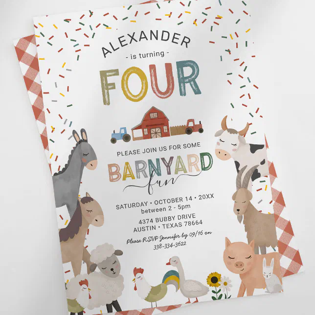 Cute Barnyard Farm 4th Birthday Invitation | Zazzle